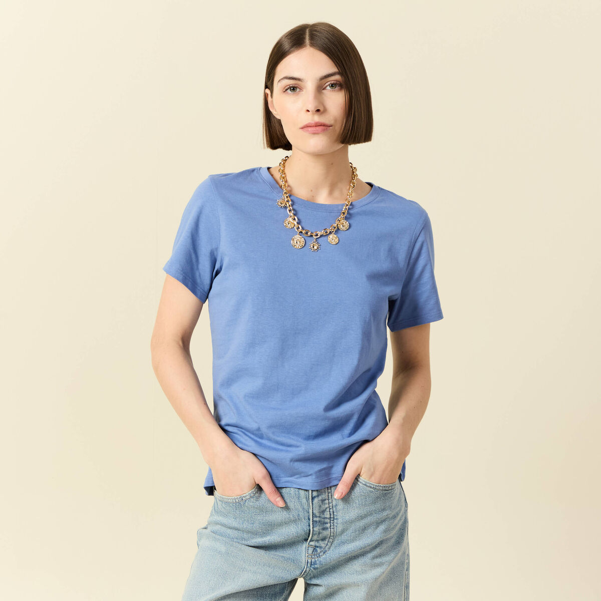 T-shirt cintré col rond manches courtes bleu lavande femme | Bonobo