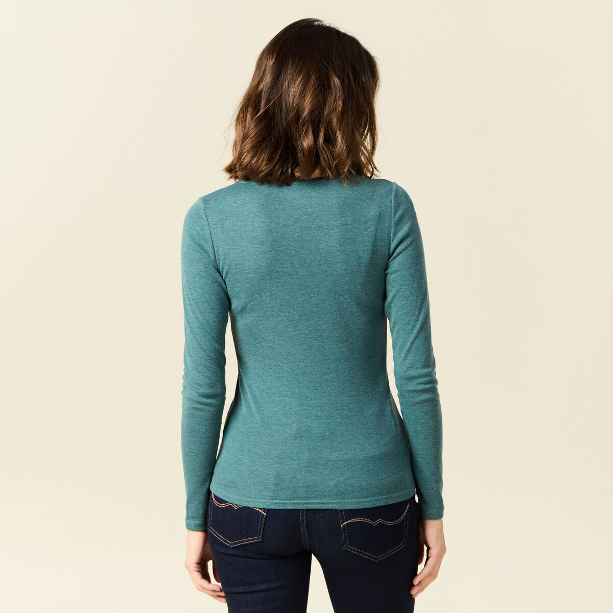 T-shirt cintré manches longues col rond vert canard femme | Bonobo