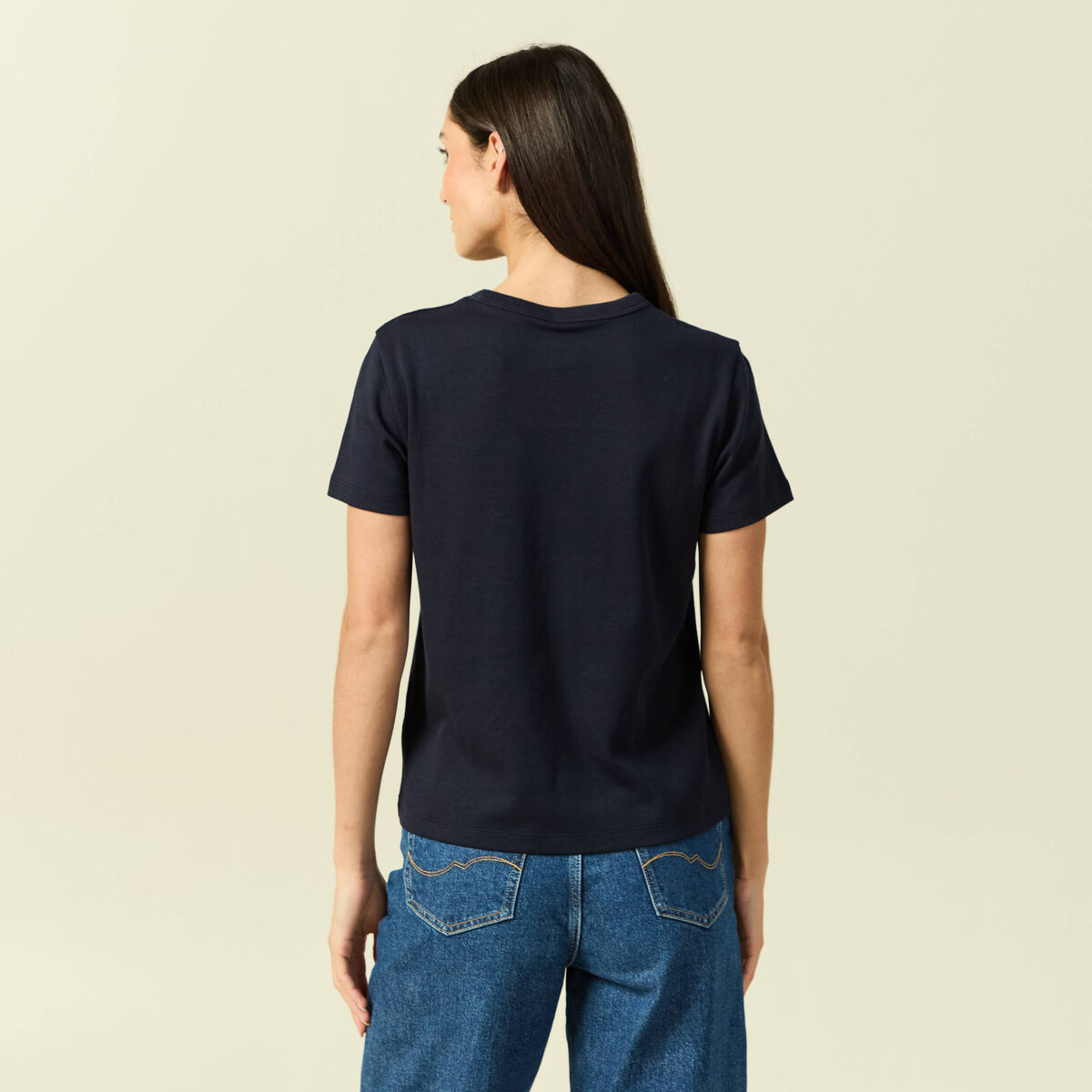 T-shirt cintré col rond manches courtes bleu marine femme | Bonobo