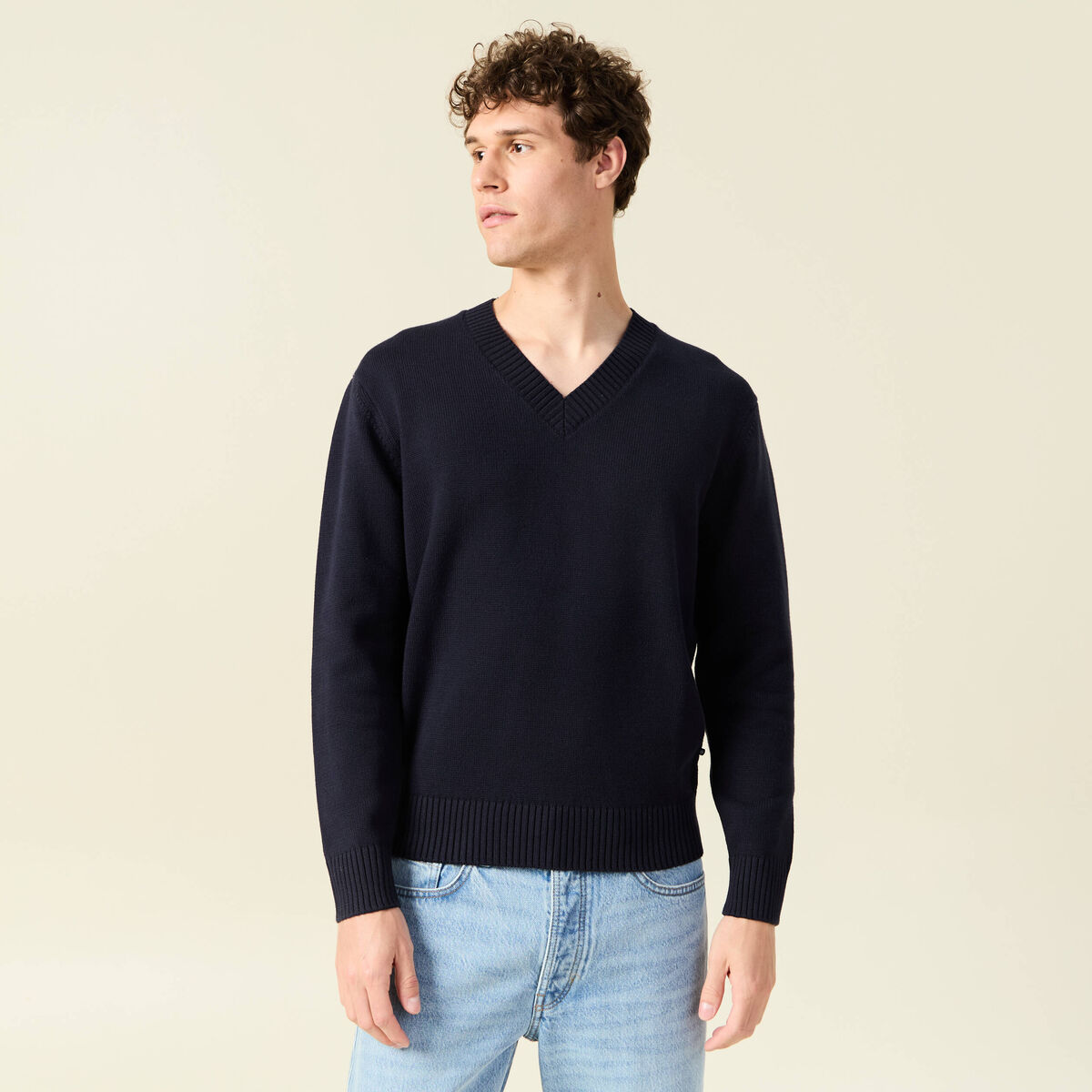Pull fin col v manches longues bleu marine homme | Bonobo