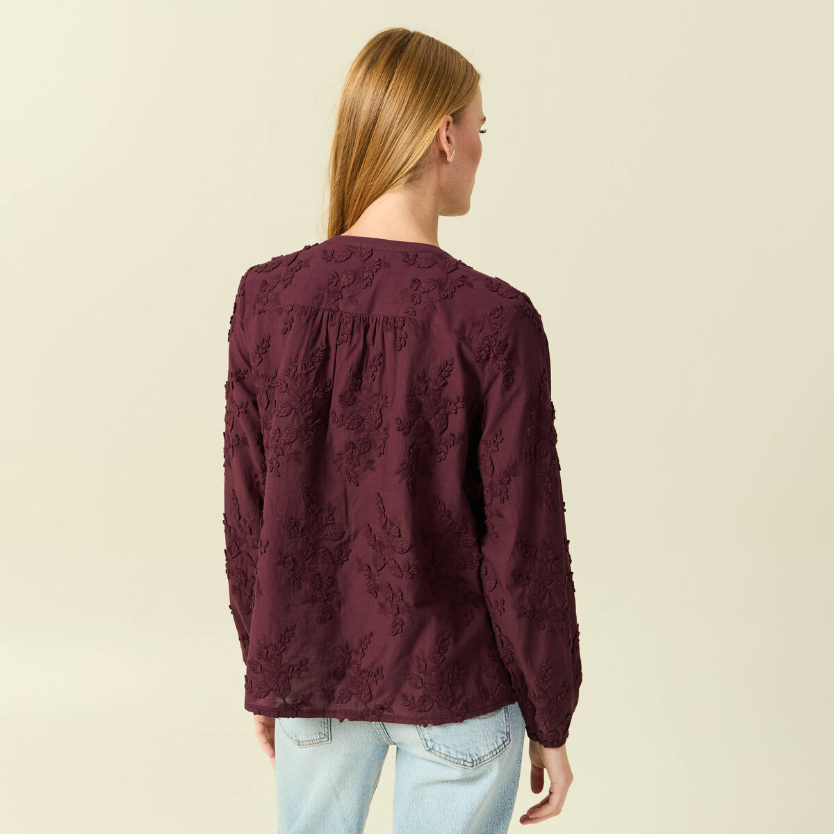 Chemise col rond manches longues brodée prune femme | Bonobo