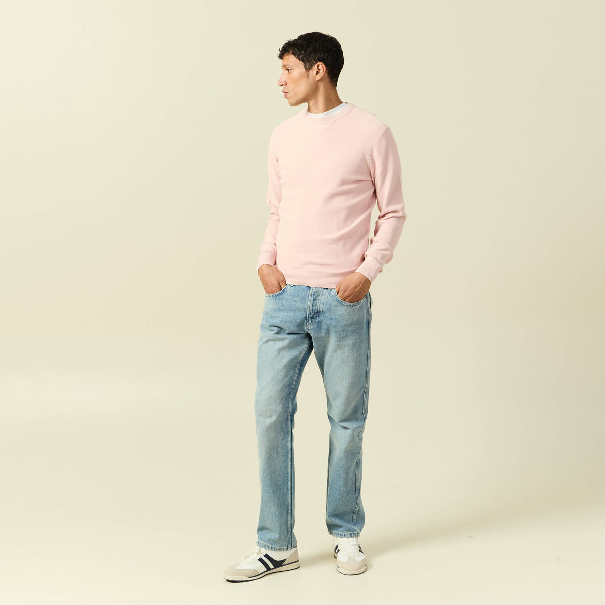 Pull fin col rond manches longues rose poudrée homme | Bonobo