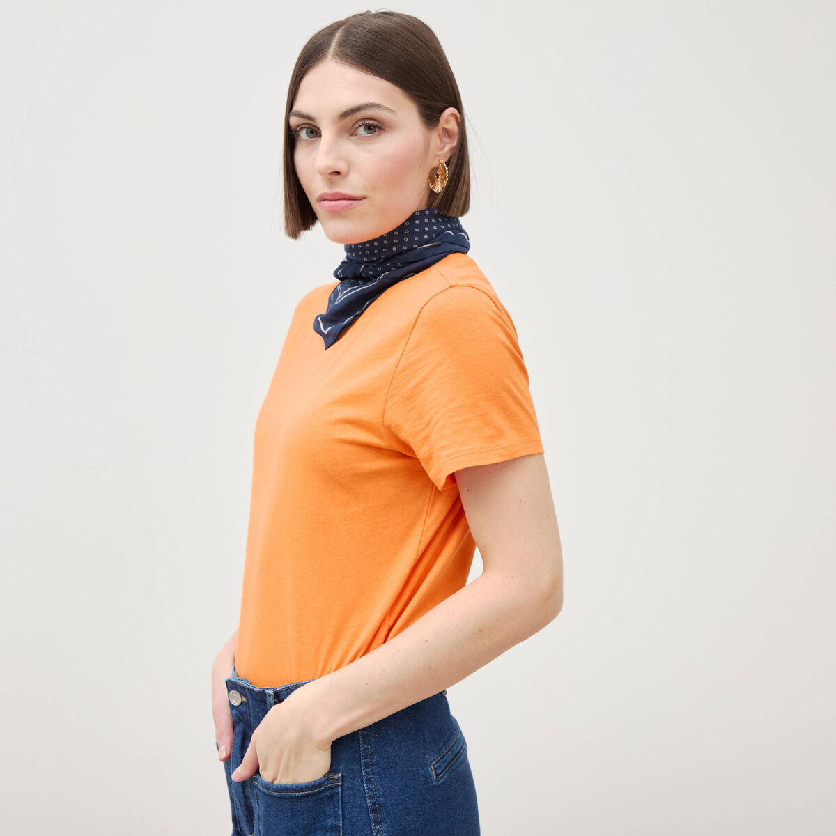 T-shirt cintré col rond manches courtes orange clair femme | Bonobo
