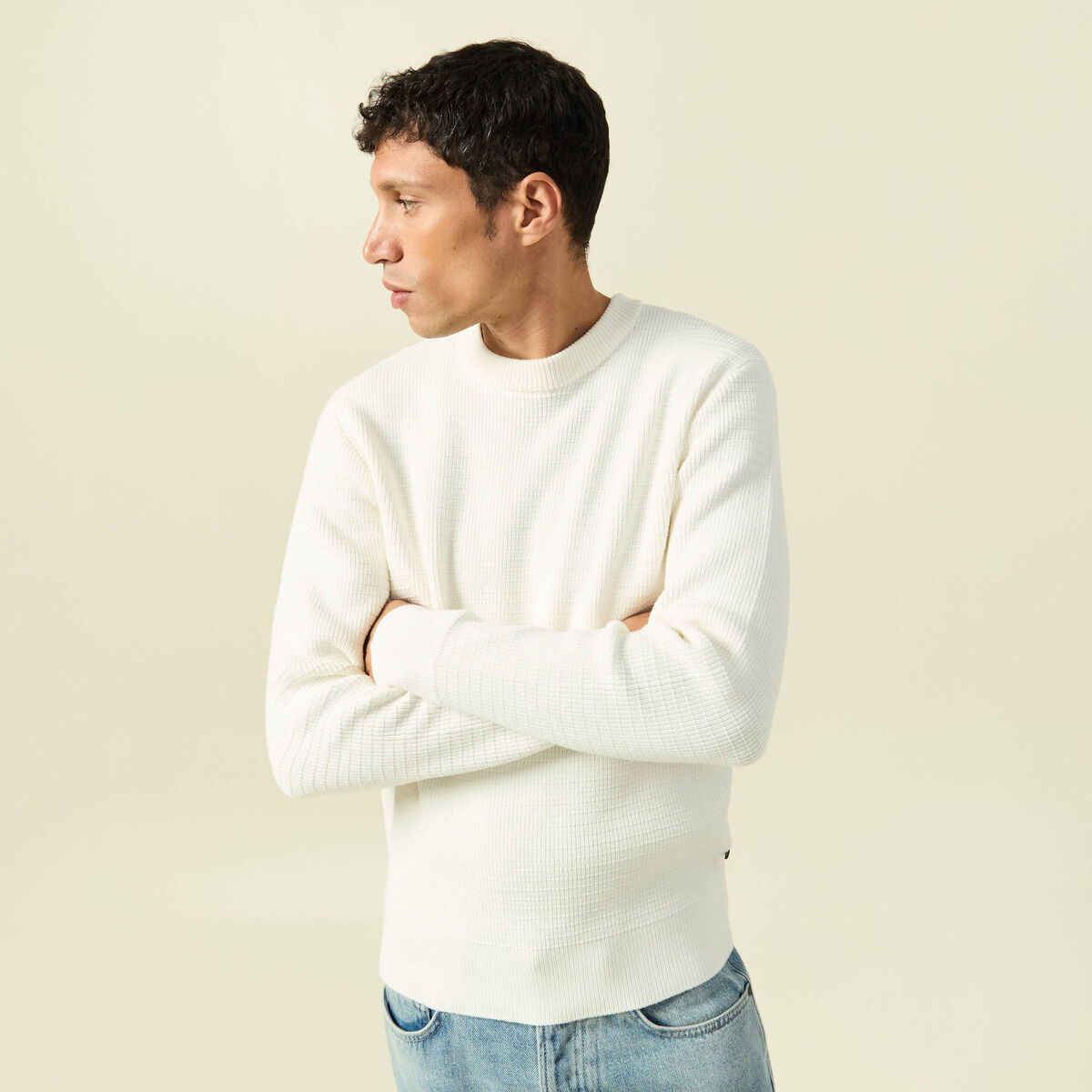 Pull col rond manches longues ecru homme | Bonobo