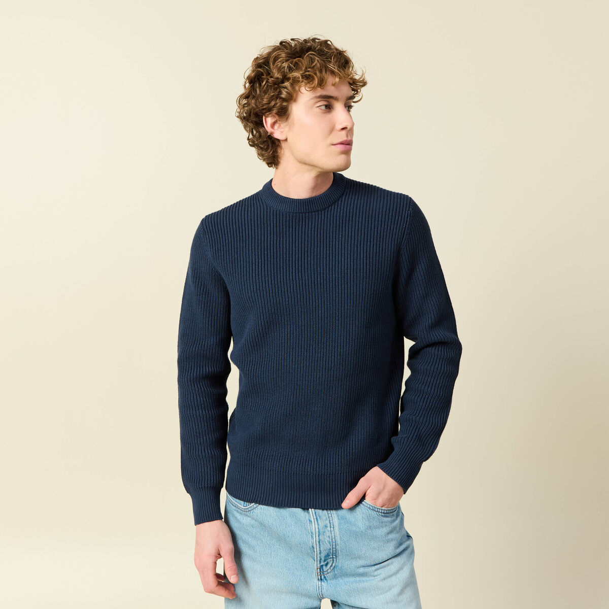 Pull fin manches longues col rond bleu marine homme | Bonobo