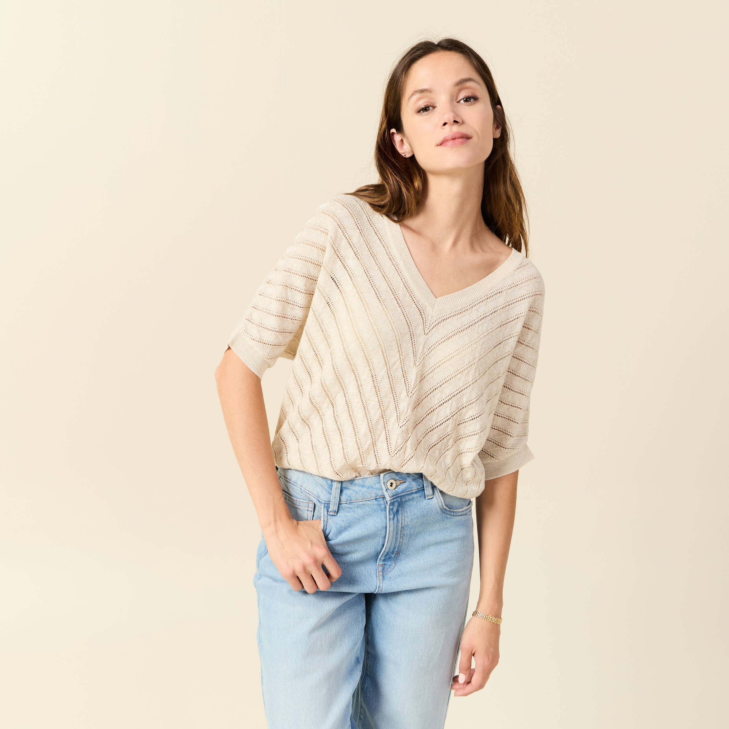 Pull manches courtes ajouré creme femme | Bonobo