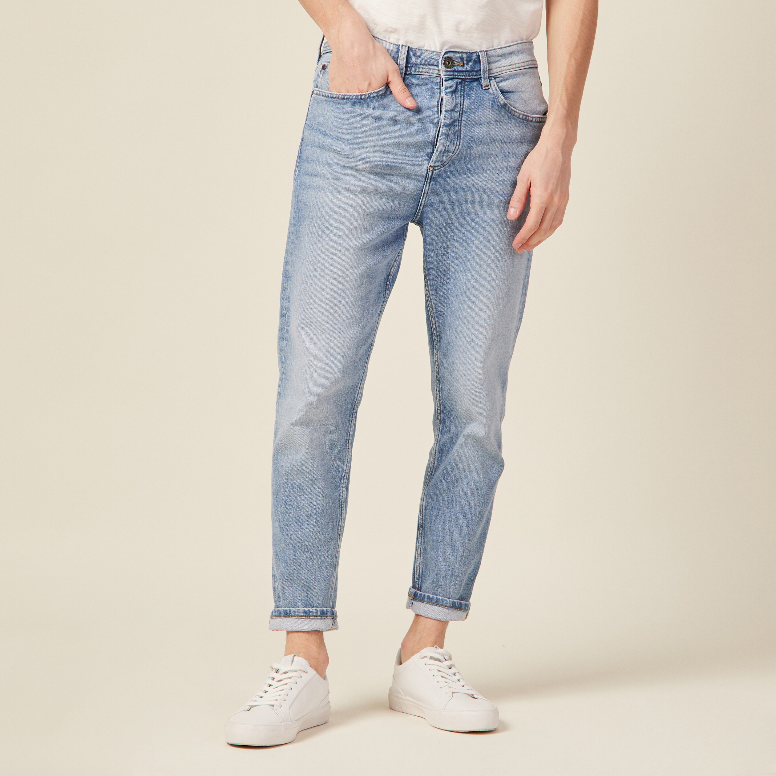 Jeans tapered 5 poches denim bleach homme | Bonobo