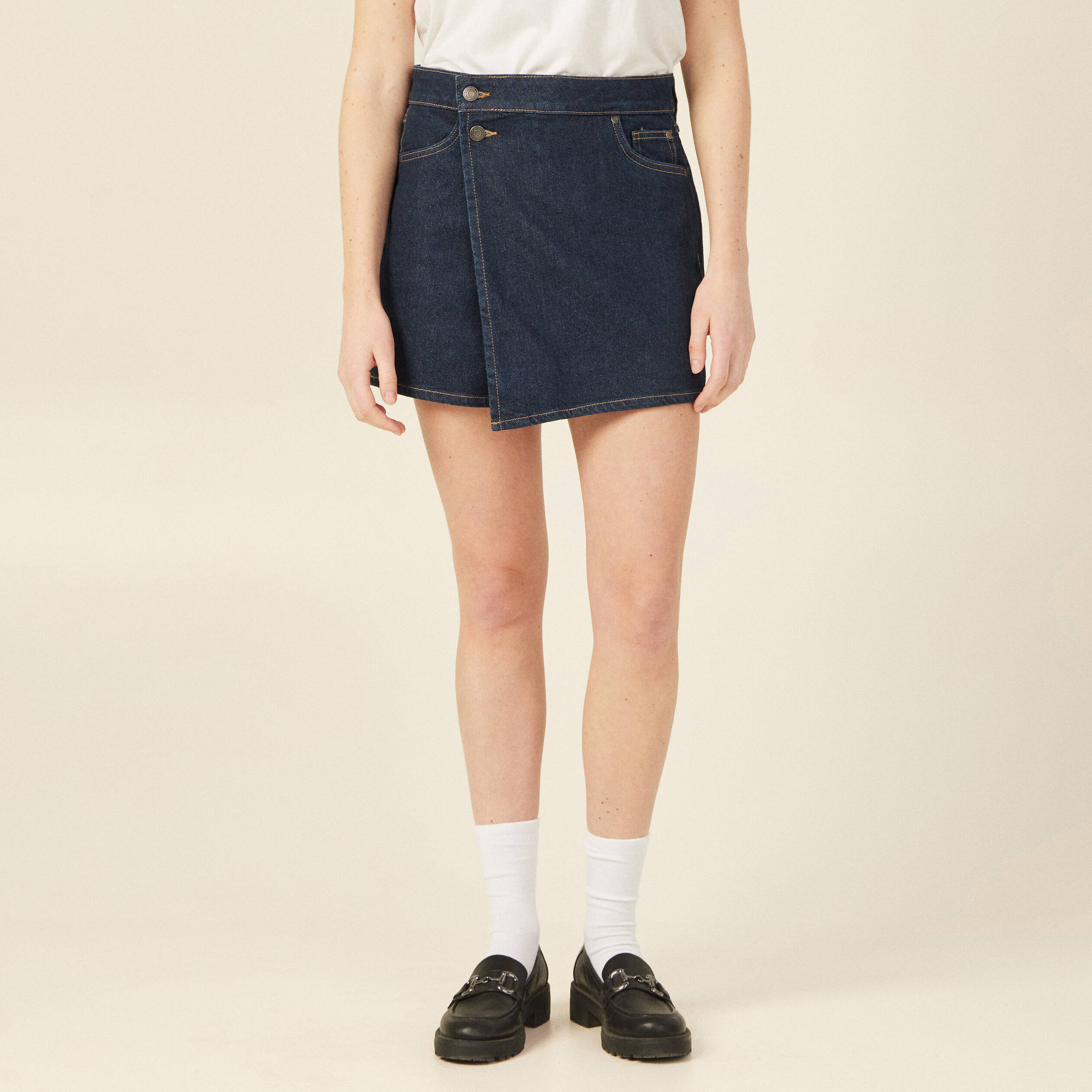 Jupe-short droite en jean denim brut rinse femme | Bonobo