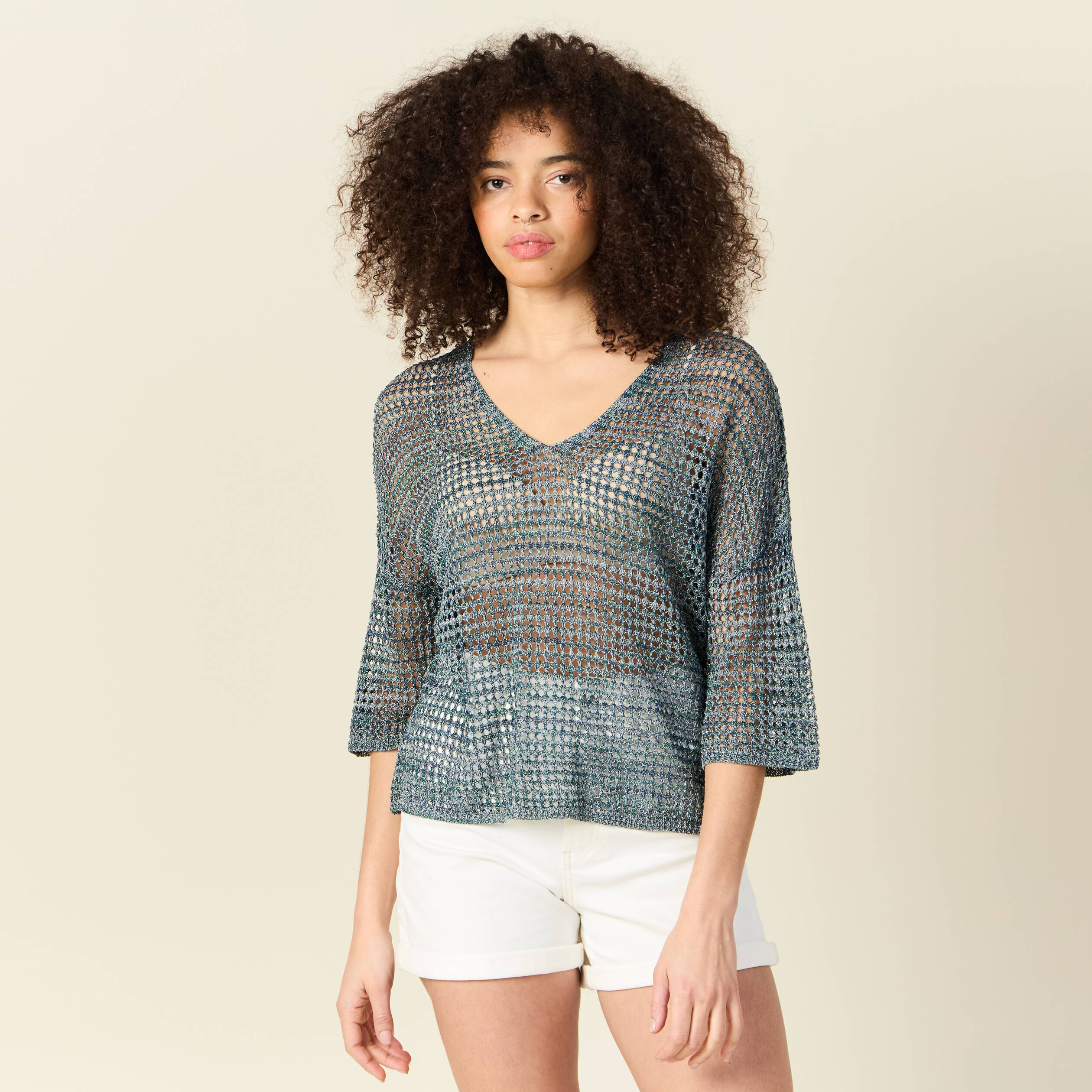 Pull manches courtes ajouré bleu clair femme | Bonobo
